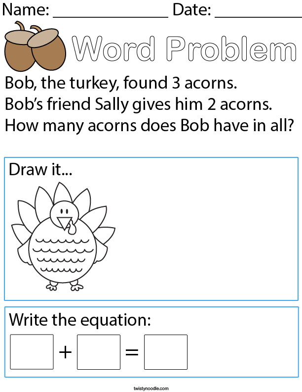 Acorn Addition Word Problem Math Worksheet - Twisty Noodle